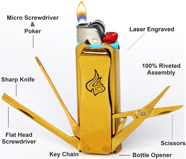 LighterBro® Titanium Gold Icon Lighter Holder & Multi-Tool Case